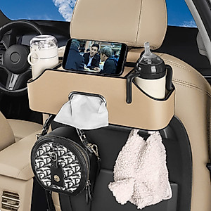 HOLDCY Car Back Seat Organizer with 2 Drink Cup Holder - Tissue Box and Storage Box Hook - Multi-functional Storage - Great for Kids and Travel (Beige)