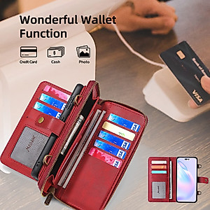 Misscase Compatible with iPhone 13 Wallet Case 2021,Multi-Function Wallet Case,2 in 1 Detachable Magnetic Wallet Case with Card Holder,PU Leather Flip Cover with Lanyard,13 Card Slots Red
