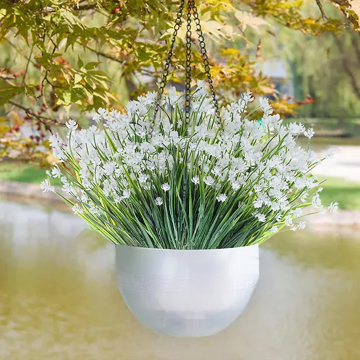 LXAFGP 8 Bundles Artificial Flowers Fake Greenery Outdoor UV Resistant Plants Faux Plastic Plants for Outdoor Shrubs Indoor Home Window Garden Wedding Porch Box Hanging Plants Decor (White)