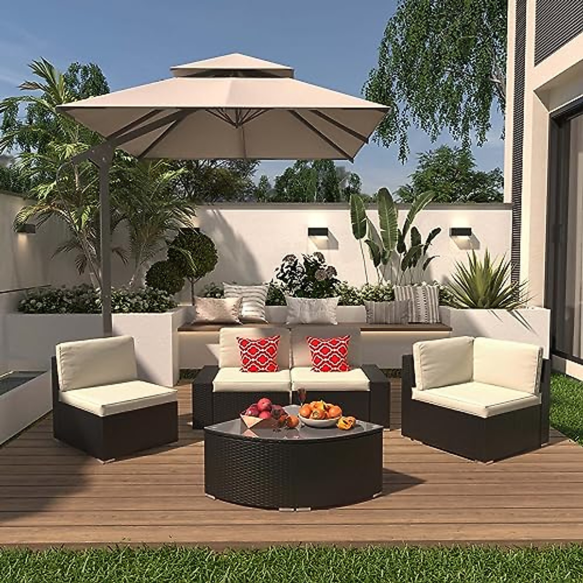 6 Pieces Patio Furniture Set All Weather Outdoor Couch, Modular Outdoor Sectional Sofa, Rattan Wick Patio Conversation Sofa Set with Washable Cushions & Glass Table for Deck, Porch, Backyard, Black