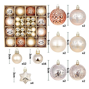 shamjina 44x Christmas Balls Ornaments, Xmas Tree Decor Christmas Hanging Decoration Shiny Bauble Set, Decorative Xmas Balls, Champagne Gold