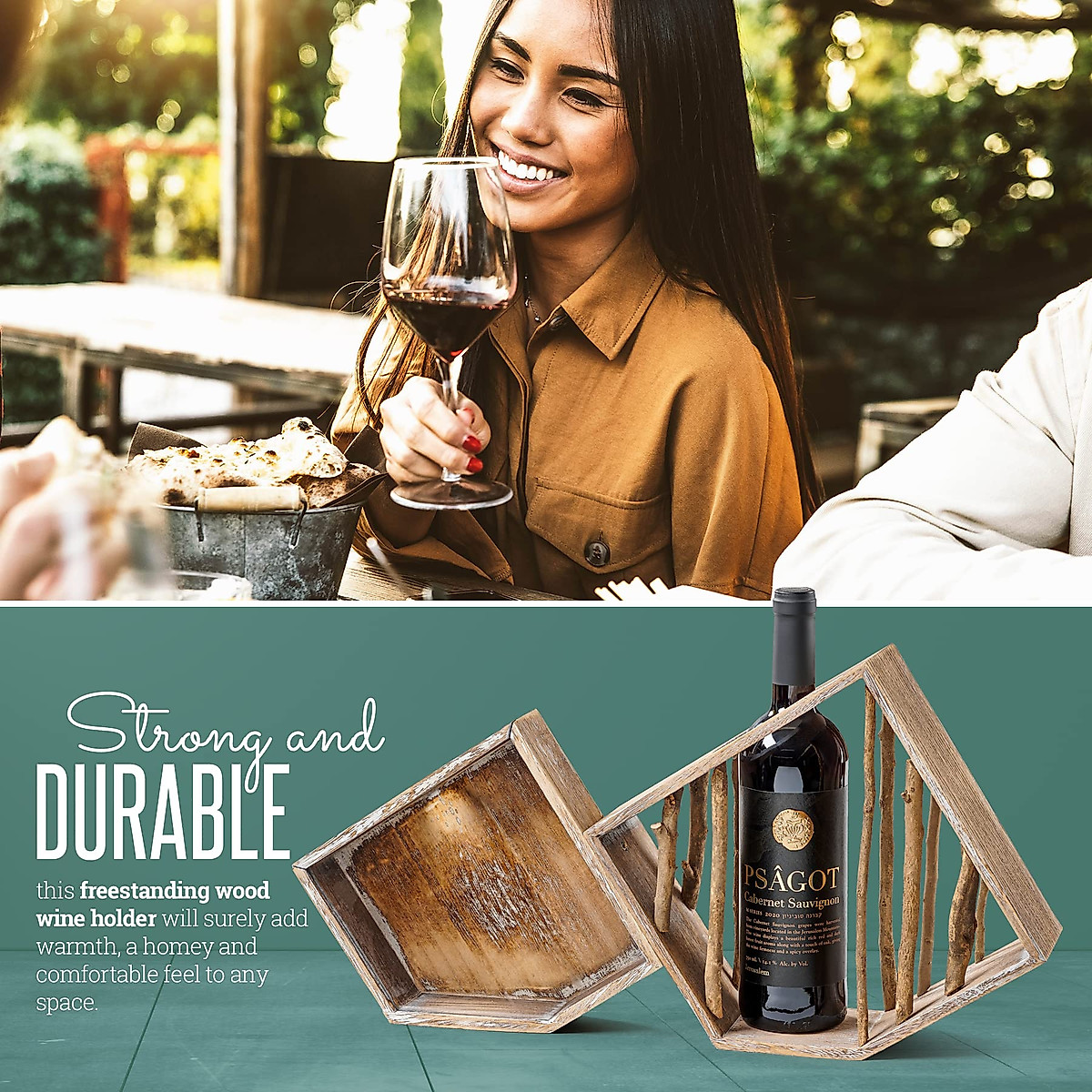 Wine Bottle Holder - Rustic Birch Wood Single Wine Bottle Rack with Cork Holder - Freestanding Wooden Countertop Display Case w/ Branch Accents and Clear Cover, Handmade Gift Decor for Bar or Kitchen