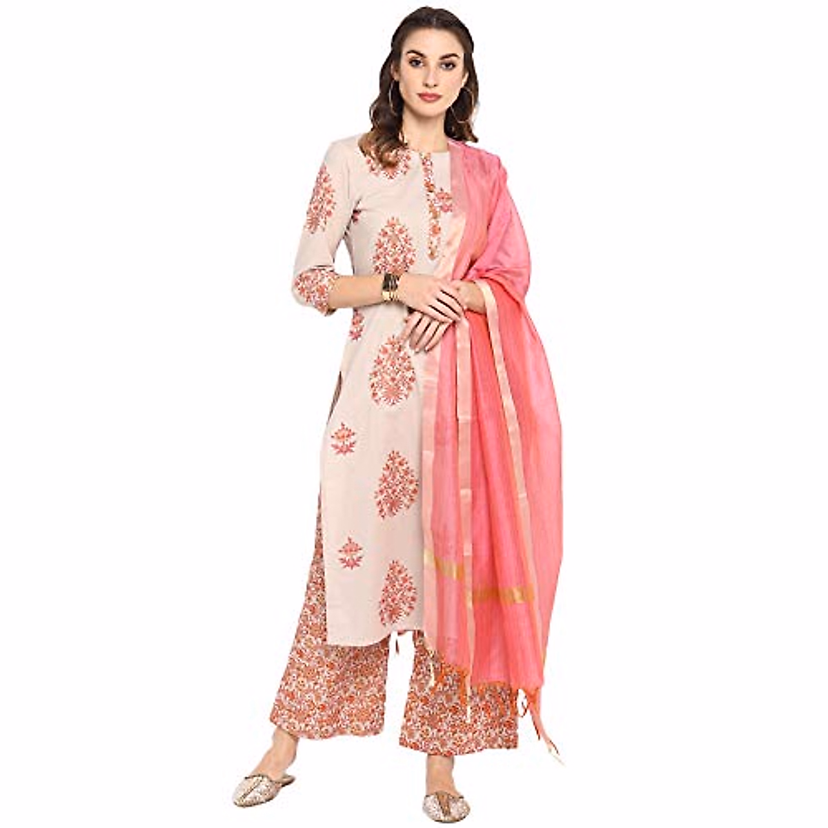 Janasya Indian Women's Multicolor Pure Cotton Kurta with Palazzo and Dupatta(SET172-KR-PP-XXL)