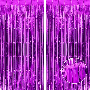 Thicken Purple Foil Fringe Curtains Decorations 3.2x8.2ft - 2 Pack, Photo Backdrop for Birthday Bachelorette Bridal Shower Baby Shower Graduation Party, Party Streams Decor