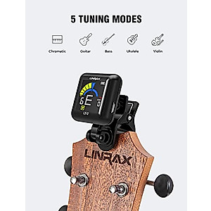 Linrax LT-2 Guitar Tuner Rechargeable Clip On Tuner for Guitar, Bass, Ukulele, Violin, Banjo, Chromatic Tuner with LCD Color Display, Digital Tuner for Stringed Instruments, Guitar Accessories, Black