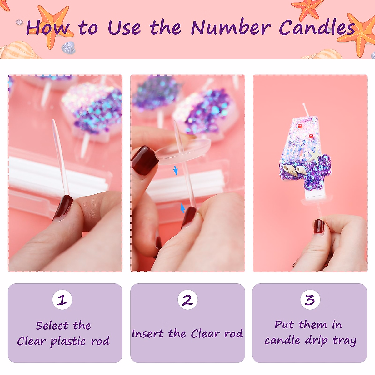 QEEYON 6Pcs Birthday Candles 2.5 inch Mermaid Theme Birthday Cake Candles 1Pcs Number 4 Candle 3Pcs Mermaid Tail Candles 2Pcs Shell Candles for Mermaid Party Birthday Cake Topper Decor