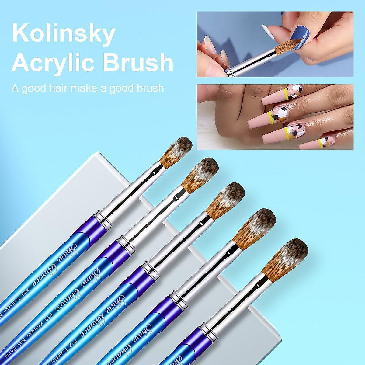 Shine Chance Acrylic Nail Brush Size 10, 100% Pure Kolinsky 3D Art Nail Brush with Gradient Blue Handle, Art Design Powder Nail Brush Pen for Nails Extension & Carving, Acrylic Application Tools