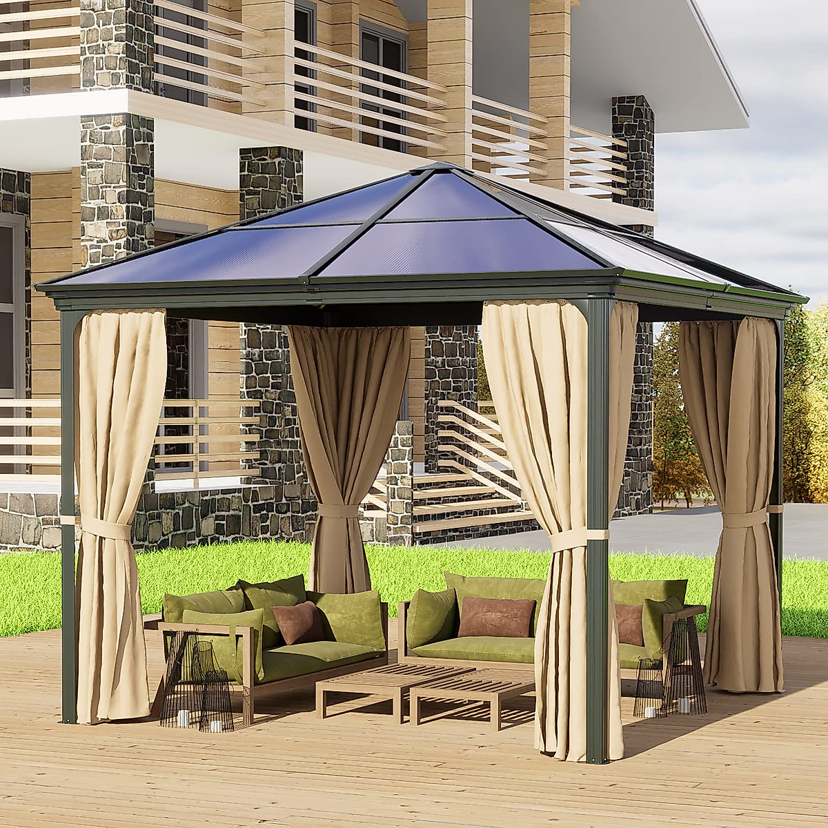 COWVIE 10 x 10 FT Polycarbonate Roof Gazebo, Aluminum Frame Gazebo with Mosquito Netting and Curtains,Suitable for Patio, Backyard, Deck, Lawns