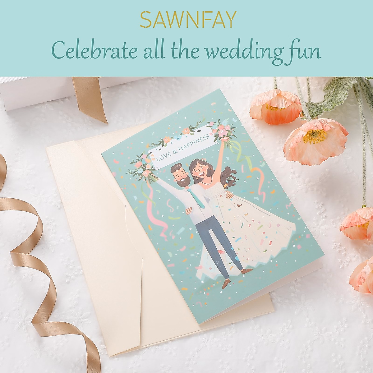 Sawnfay Wedding Card, Bridal Shower Card, Engagement Card, Wedding Cards for Bride and Groom, 8'' x 5.3'' with Envelope (Love and Happiness)