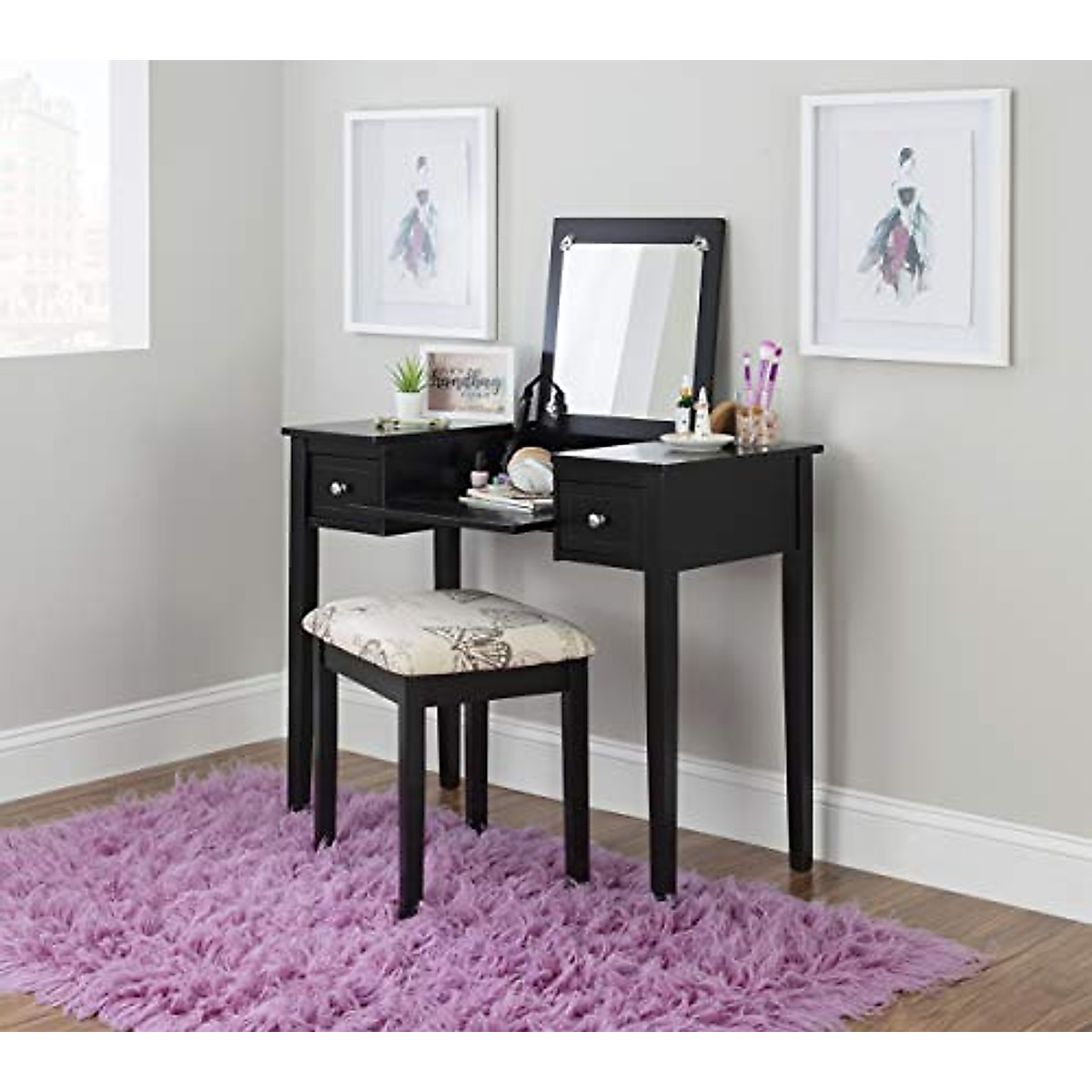 Linon Home Dcor Linon Black Butterfly Stool Vanity Set with Bench, 36"w x 18"d x 30"h,