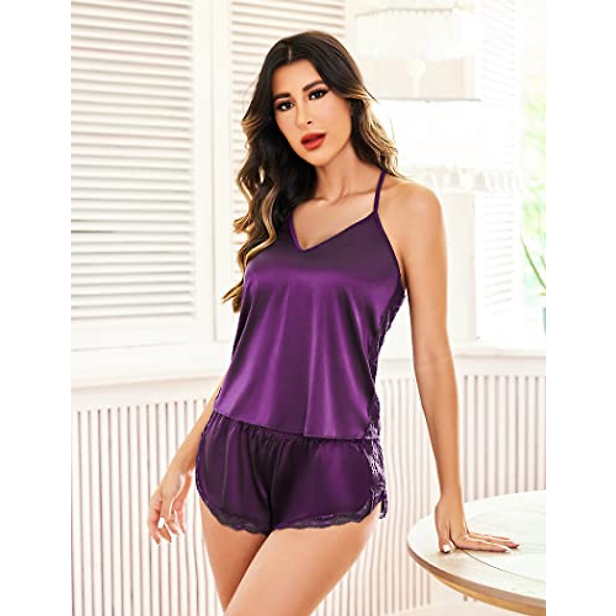 Avidlove Women's Satin Pajamas Cami Top Short Sets Silk Nightwear Purple Medium