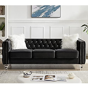 mikibama Velvet Sofa Couch 83 Inch Long Modern Sofa with Acrylic Legs and 2 Pillows, Jeweled Buttons Tufted Couch Modern Decor Furniture for Living Room, Bedroom (Black)