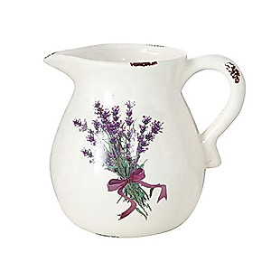 French Country Lavender Pitcher, Cottage Edition, Distressed Vintage Style, Rustic White, Worn Exposed Patches, 7 Inches Tall, Stoneware