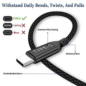 Elebase USB Type C Charger Cable 3 Pack 1.5/3.3/6.6FT,Charging Cord for Samsung Galaxy A02s A03s,A12 A13,A21 A22 A23,A31 A32 A33,A41 A42,A52 A52s A53 A54,A71 A72 A73,Note 10 20,S21 S22 S23 S24