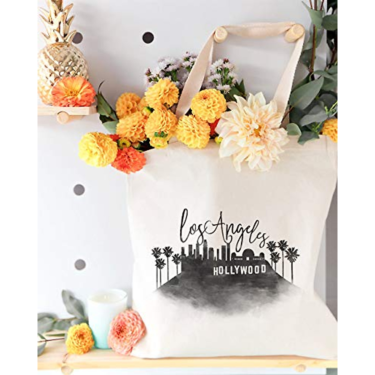 The Cotton & Canvas Co. Los Angeles Cityscape, Souvenir, Beach, Shopping and Travel Reusable Shoulder Tote and Handbag