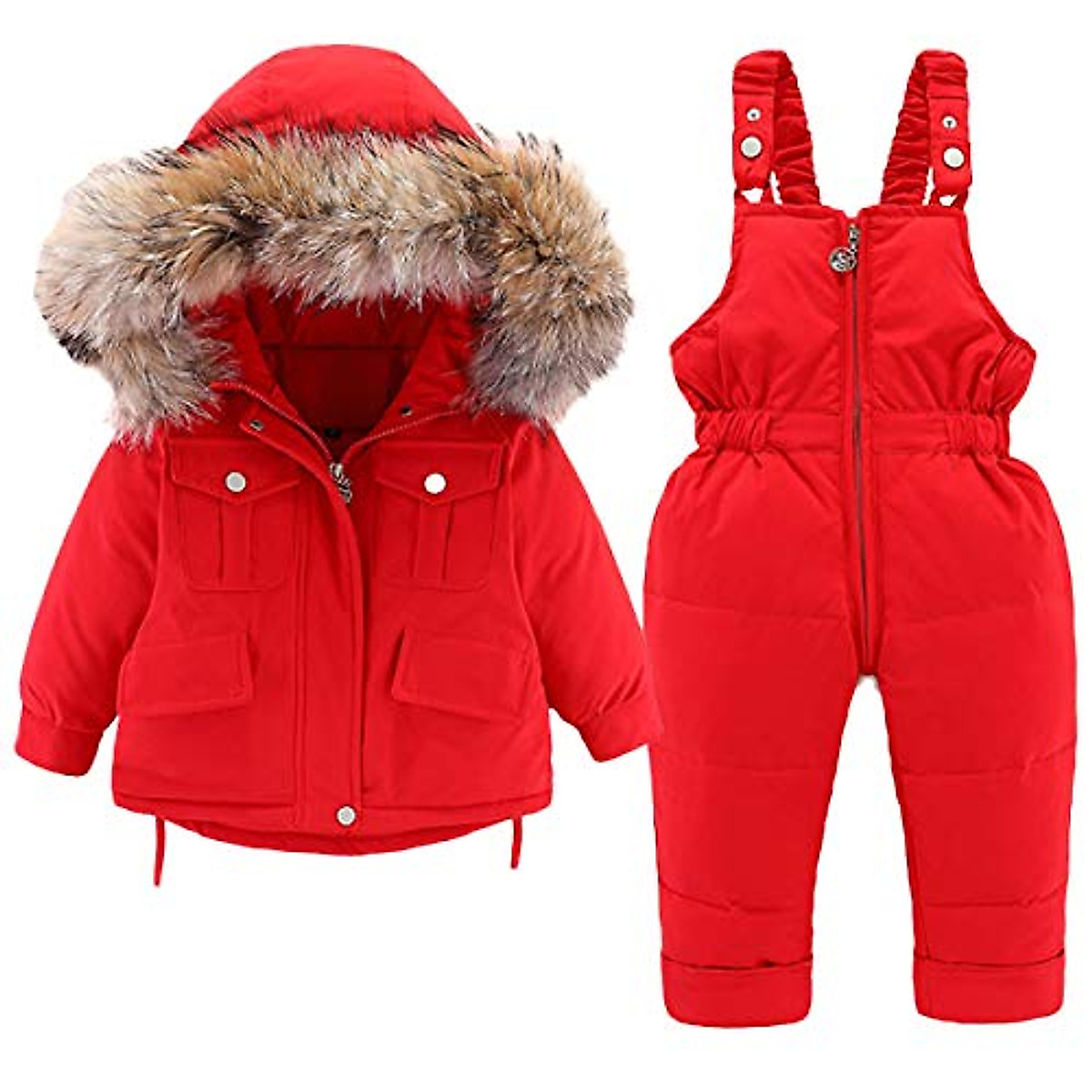 Baby Boys Girls Kids Hooded Artificial Fur Down Jacket Coat and Ski Bib Pants Snowsuit Winter Outfit Sets 1-2 Years Red