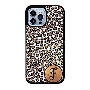 White Gold Foil Leopard Personalized Initial Apple iPhone Black Rubber Phone Case Compatible with iPhone 14 Pro Max, Pro, Max, iPhone 13 Pro Max Mini, 12 Pro Max Mini, 11 Pro Max X XS Max XR 8 7 Plus