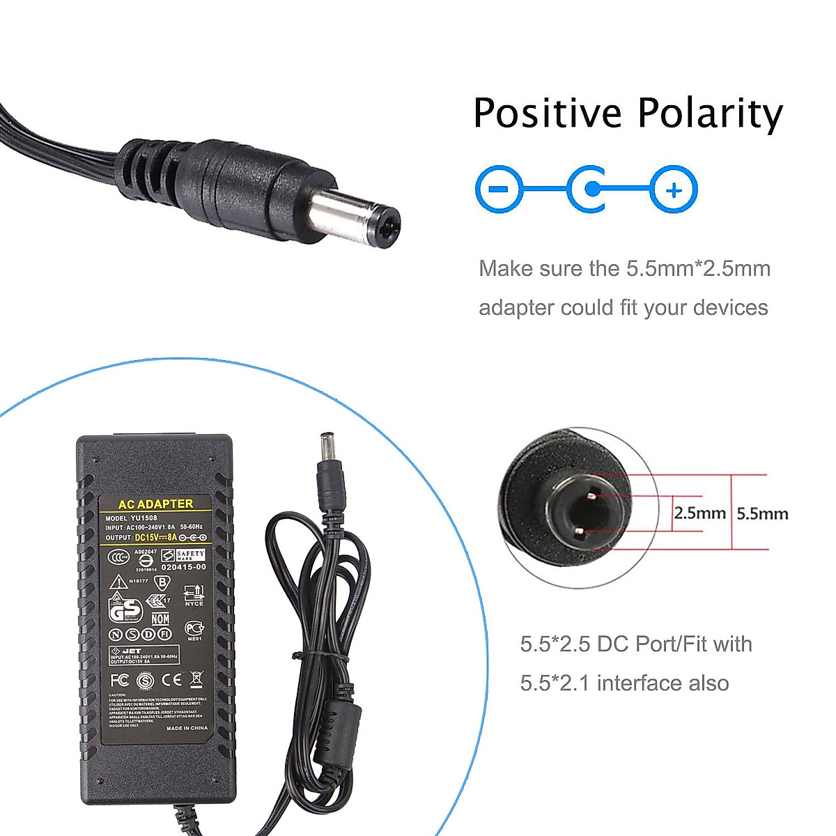 COOLM AC 100-240V DC 15V 8A Power Supply Adapter Converter 5.5mm x 2.5mm Plug 15V8A LED Driver for LED Strip Lighting
