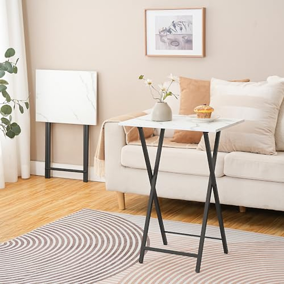 HOOBRO Folding TV Tray Tables, Set of 2 Stable Snack Table for Small Space, Portable Sofa side Table, Easy Assembly and Storage, Ideal for Snacks and Meals in Living Room, Marble and Black BW25BZ01