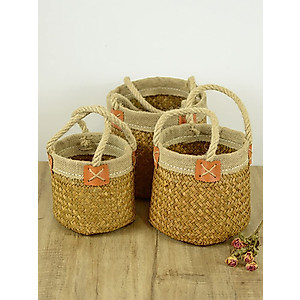 Keebgyy Woven Baskets, Belly Basket with Handles, Multi Purpose Seaweed Belly Basket with Handle, Decorative Basket for Living Room and Bedroom and for Storage of Blankets, Home Decor(#3)