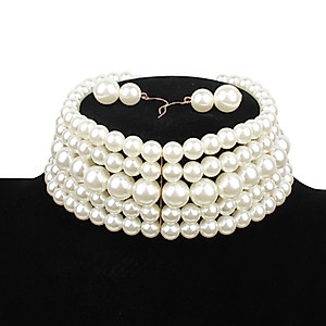 KOSMOS-LI Fashion Simulate Pearl Choker Necklace With Earrings Set (Ivory)
