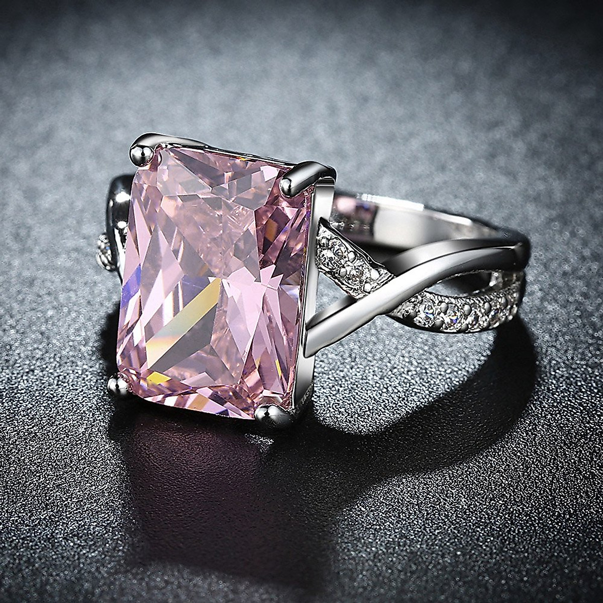 DUANMEINAD Swarovski Crystal Rings For Women Size 6-9 - White Gold Plated Pink Zircon Ring (7)