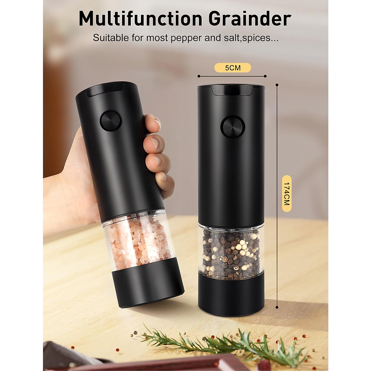 Electric Pepper Grinder or Salt Mill, Battery Powered Automatic Pepper Mill, Ceramic Grinder with Adjustable Coarseness, LED Light, and Salt Mill Refillable, One Hand Operation