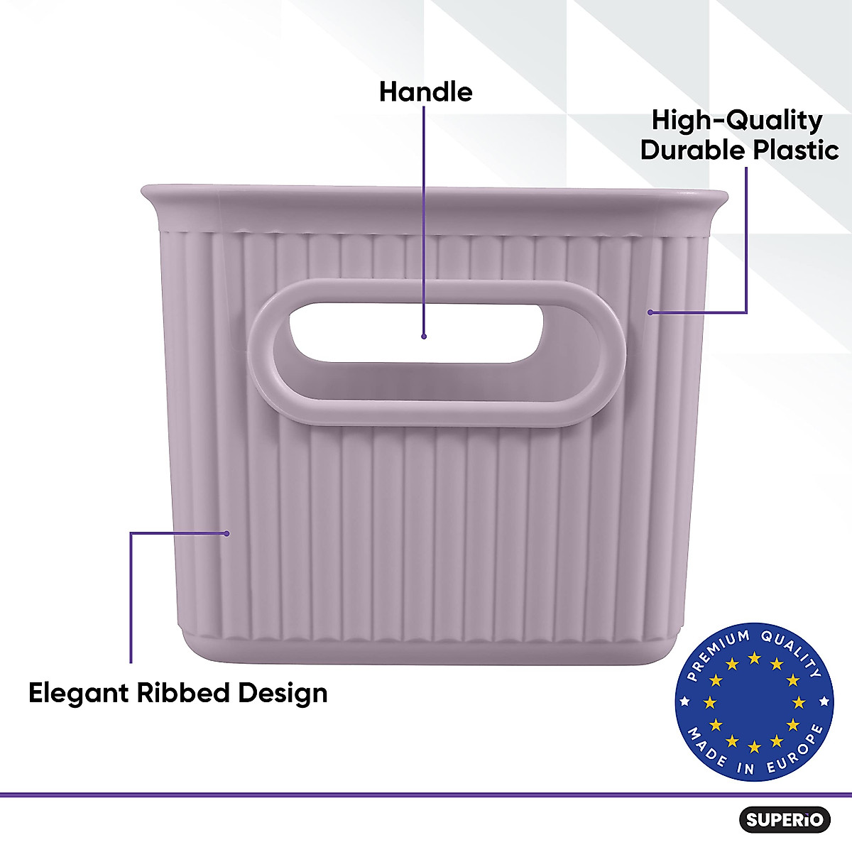 Superio Ribbed Collection - Decorative Plastic Open Home Storage Bins Organizer Baskets, Small Lilac Purple (1 Pack) Container Boxes for Organizing Closet Shelves Drawer Shelf 1.5 Liter