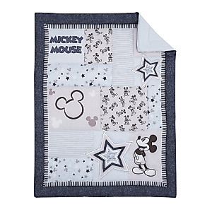Disney Mickey Mouse Timeless Mickey Gray, White, & Blue Stars & Icons 3Piece Nursery Mini Crib Bedding Set - Comforter & Two Fitted Mini Crib Sheets, Navy, Grey, Black, White