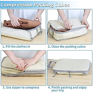 Compression Packing Cubes for Suitcase, GEEDIAR 6 PCS Travel Bags Organizer for Luggage, Travel Organizer Cubes for Travel Essentials, Lightweight Packing Cubes for Travel Accessories with Shoe Bag Khaki