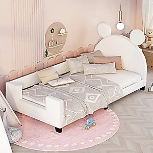 GINGVAT Twin Size Upholstered Daybed with Carton Ears Shaped Headboard,Wooden Daybed Frame,PU Leather Platform Bed for Kids,White