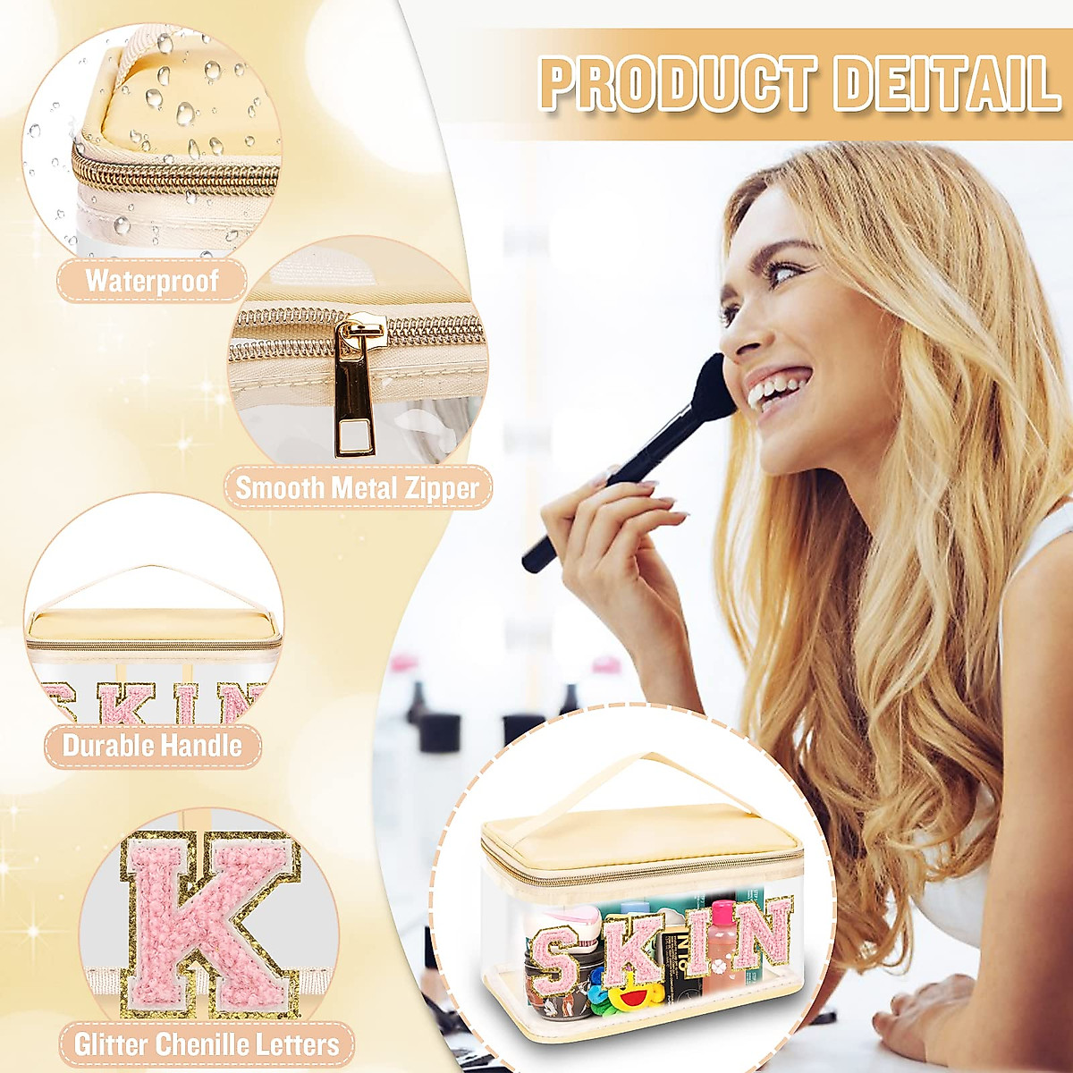 Chenille Letter Clear Makeup Bags Skin Pouch, Preppy Patch Makeup Bag Zipper with Handle, Transparent PVC & Nylon Waterproof Glitter Cosmetic Handbag Travel Toiletry Storage for Women Girl(SKIN-Beige)