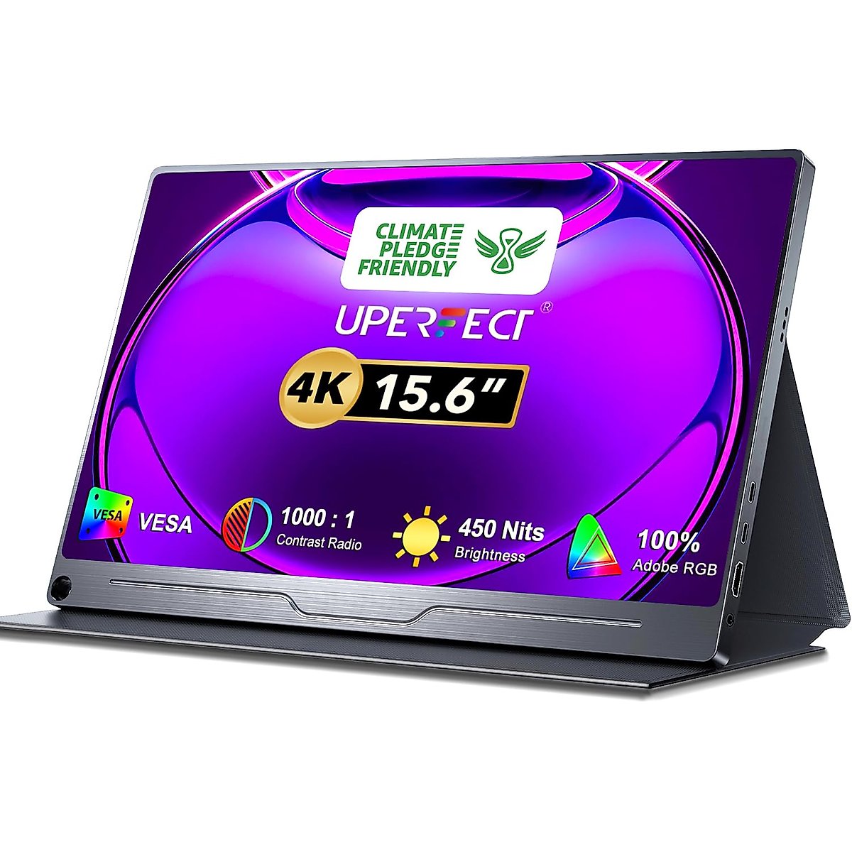 UPERFECT Truely 4K Computer Monitor, 15.6" UHD FreeSync 100% AdobeRGB 450 Nits Brightness HDR IPS Speaker Eye Care Game Display 2 Type-C Full HDMI for Laptop Phone, VESA & Smart Case