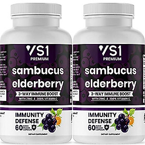 (2-Pack) Sambucus Elderberry Capsules with Zinc & Vitamin C - Immune System Support for Women & Men's Daily Supplement, Powerful Antioxidant - Natural Elderberries - Veggie Caps - 120 Capsules - VS1