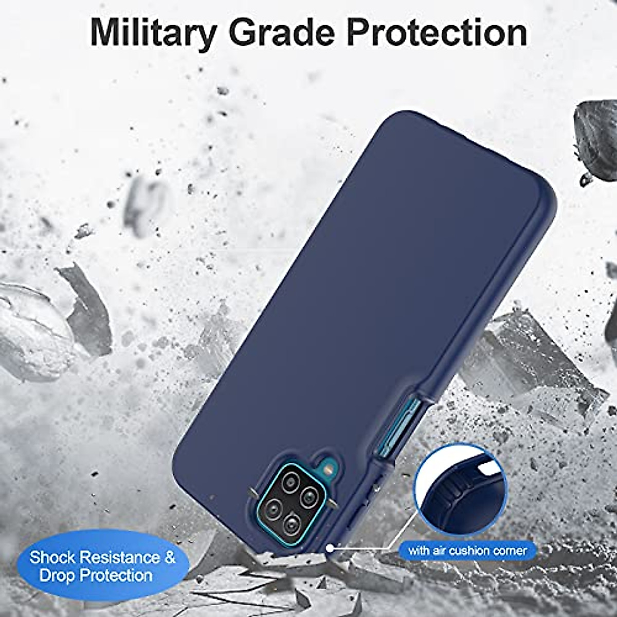 for Samsung Galaxy A12 Case with Built-in Screen Protector, Full Body Protection Shockproof Cover Case, [Rugged PC Front Bumper + Soft TPU Back Cover] Armor Protective Phone (Navy Blue), GTPY-SA12-B