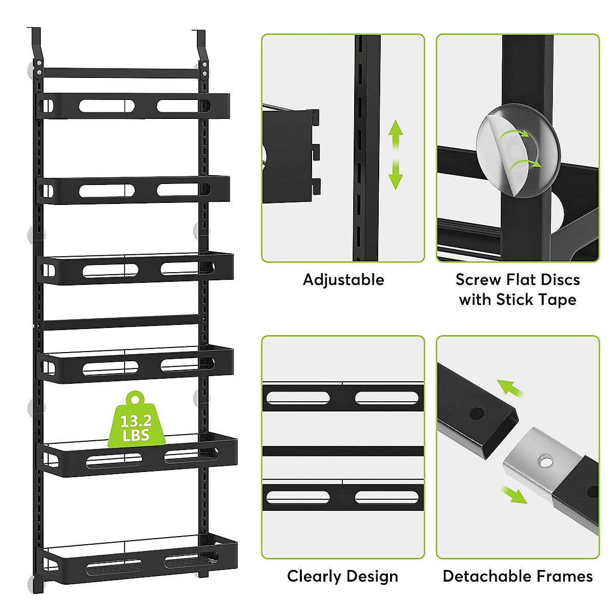 1Easylife 6-Tier Over the Door Pantry Organizer Black Pantry Organization and Storage with Adjustable Basket, Pantry Door Rack with Detachable Frame, Space Saving Hanging Spice Rack for Kitchen Pantry