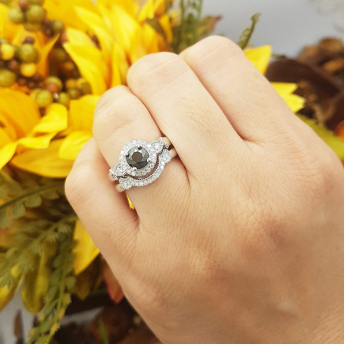 Dazzlingrock Collection 1.10 Carat (ctw) 10K Round Black & White Diamond Ladies Engagement Ring Set 1 CT, White Gold, Size 7.5