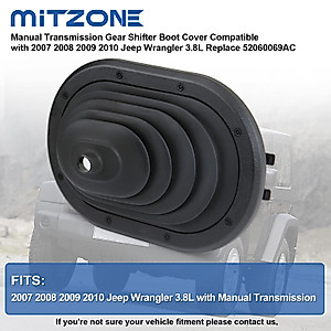 MITZONE Manual Transmission Gear Shifter Boot Cover Compatible with Jeep Wrangler JK 3.8L 2007 2008 2009 2010 Replace 52060069AC