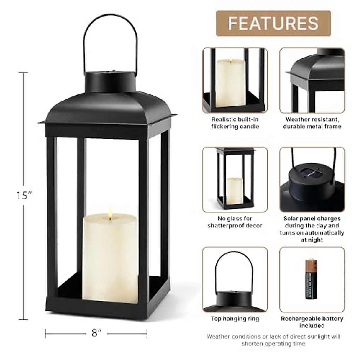 Outdoor Candle Lantern, Solar Powered - 15 Inch Tall, Black Metal, Open Frame (No Glass), Dusk to Dawn Timer, Decorative Large LED Lantern Lights for Front Porch, Garden or Patio Decor