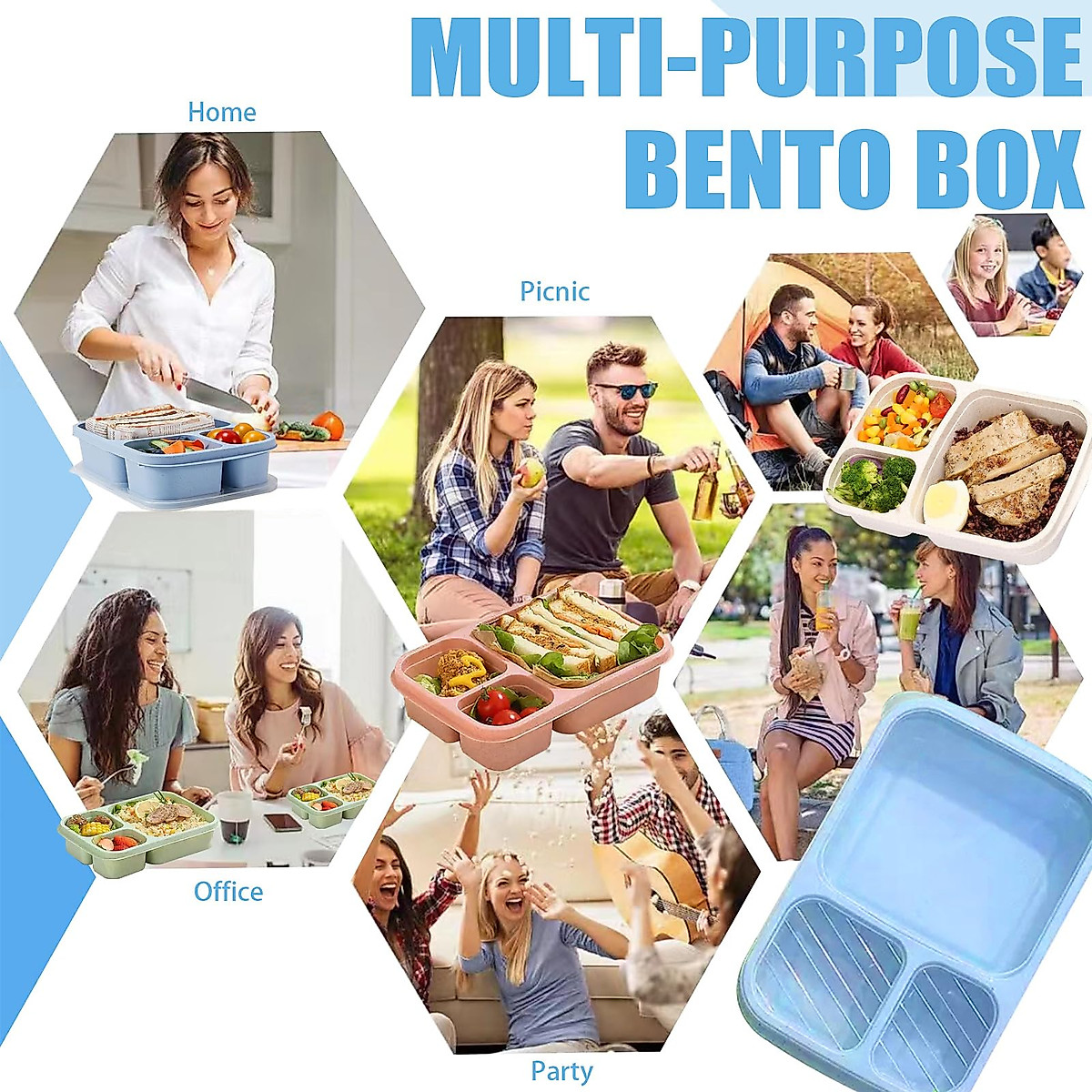 TOTDTDA 12 Pack Bento Box, 3 Compartment Lunch Box Containers, Wheat Straw Reusable Food Storage Containers, Freezer Microwave and Dishwasher Safe Snack Containers for Work School and Travel