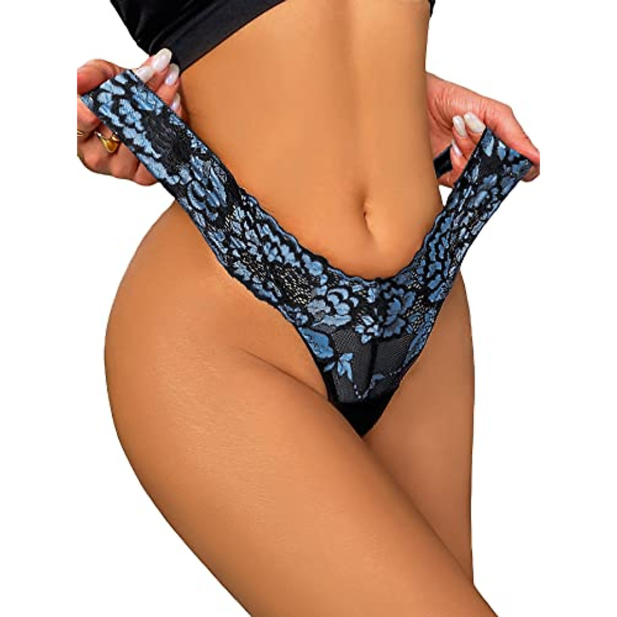 Milumia Women Sexy Lace Panties V Cut Cheeky Underwear Low Rise Bikini Naughty Lingerie Brief Floral Blue Small