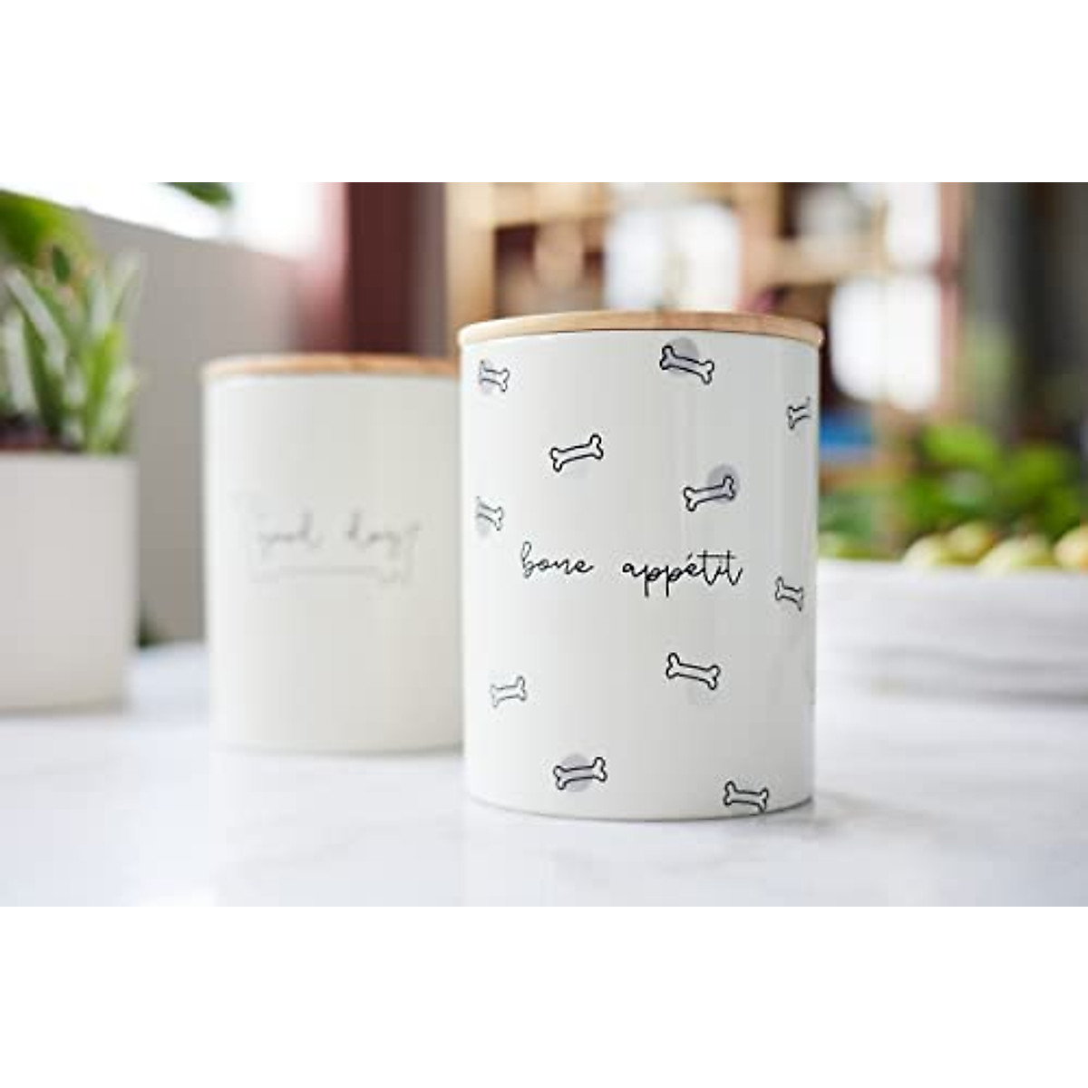 Pearhead Bone Appetite Treat Jar, Ceramic and Wood Pet Treat Canister, Modern Neutral Color Home Kitchen Accessories, Dishwasher Safe, Silicone Seal Lid For Freshness, Dog Biscuit Storage