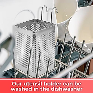 Stainless Steel Utensil Holder for Kitchen Counter - Perforated Kitchen Utensil Holder for Countertop Chopstick Spoon Spatula Holder Dryer Rack with Hooks - Utensil Caddy for Cooking Utensils Holder