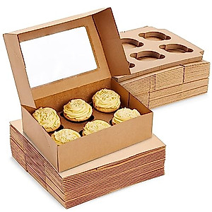 Juvale 24 Pack Cupcake Containers with Windows, 6 x 6 Boxes with 4 Count Inserts for Muffins (Kraft Paper)