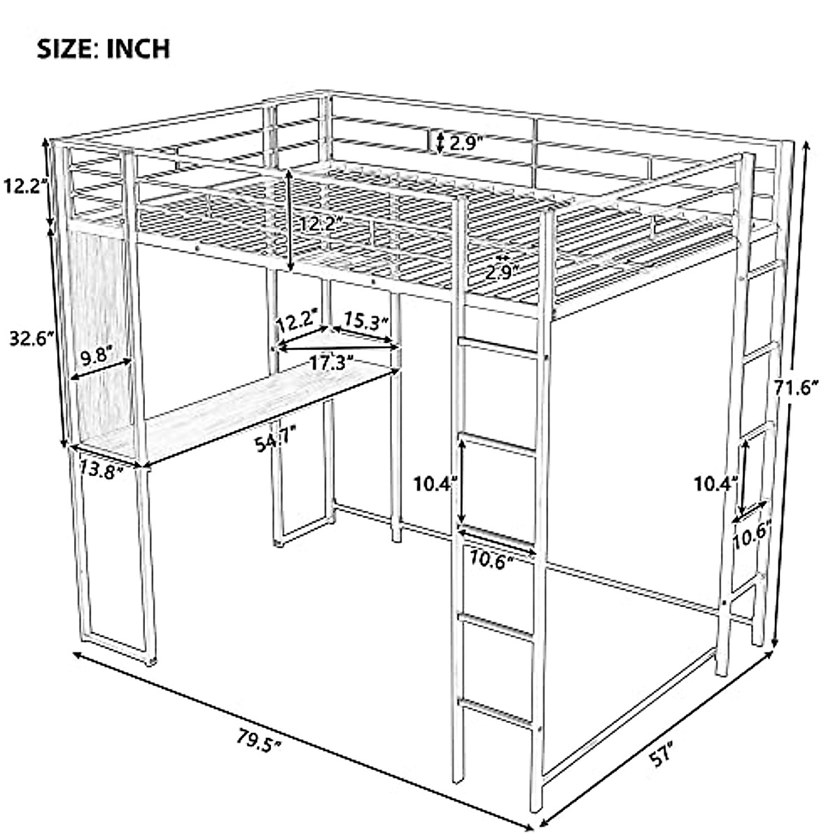 Full Metal Loft Bed with Desk, Metal High Loft Bed with Bookcase for Teens, Full Loft Bed Frame for Boy with Computer Desk, White