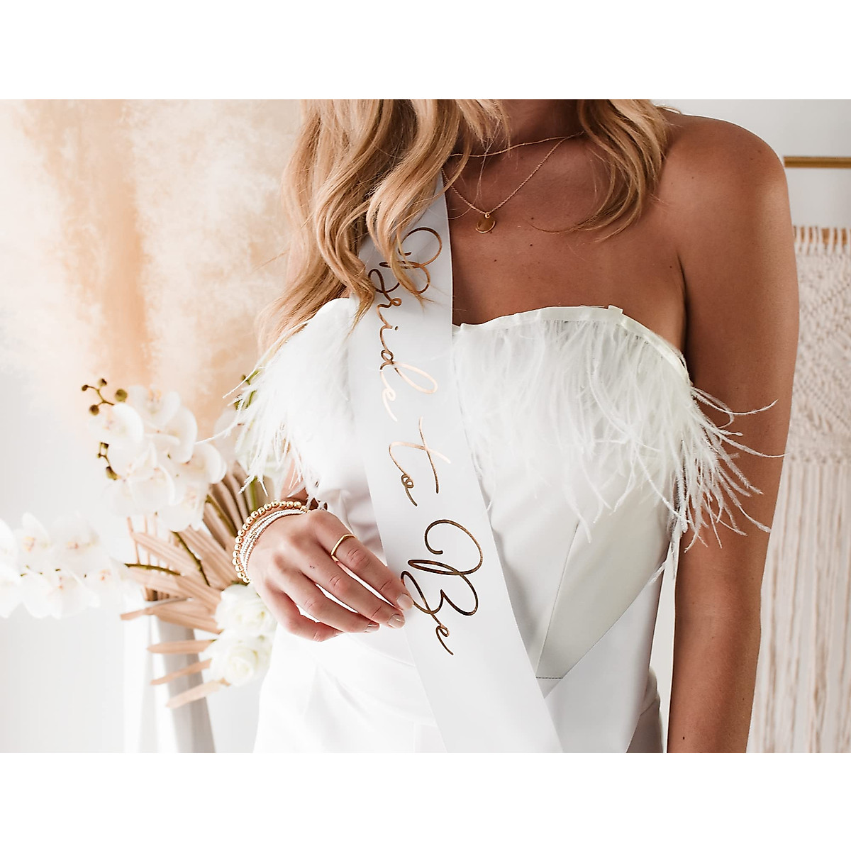 ModParty Bride to Be Sash| Bachelorette Party Sash | White + Gold Sash For Bride | Bridal Shower White Satin Sash | Includes Diamond Pin + Gift Box | Bachelorette Decorations