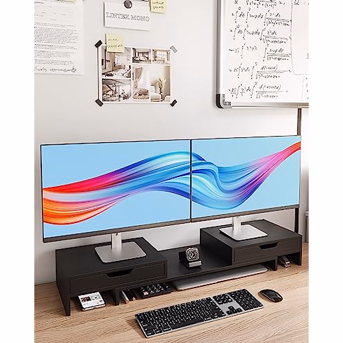 Epesoware Dual Monitor Stand Riser with Adjustable Length and Angle, Bamboo Computer Riser with 2 Extra Drawers, Desk Organizer for Laptop, Computer No Assembly Required