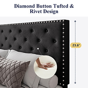 Allewie Full Size Velvet Upholstered Platform Bed Frame with Adjustable Diamond Button Tufted and Nailhead Trim Headboard, Wood Slat Support, Easy Assembly, No Box Spring Needed, Black