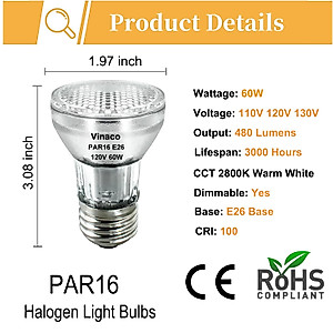 Ivyemons PAR16 Light Bulb - 6 Pack PAR16 Halogen Bulb 60W 120V E26 Base Warm White 2800k, Long Lasting PAR16 Flood Bulb Dimmable, Halogen PAR16 Bulb 60W for Range Hood Lights,Ceiling Fan,Table Light