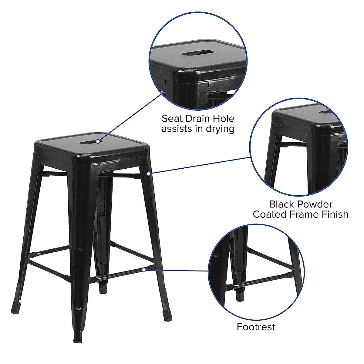BizChair Commercial Grade 24" H Backless Black Metal Indoor-Outdoor Counter Height Stool